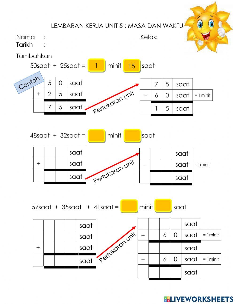 Masa dan waktu online exercise for tahun 3 | Live Worksheets