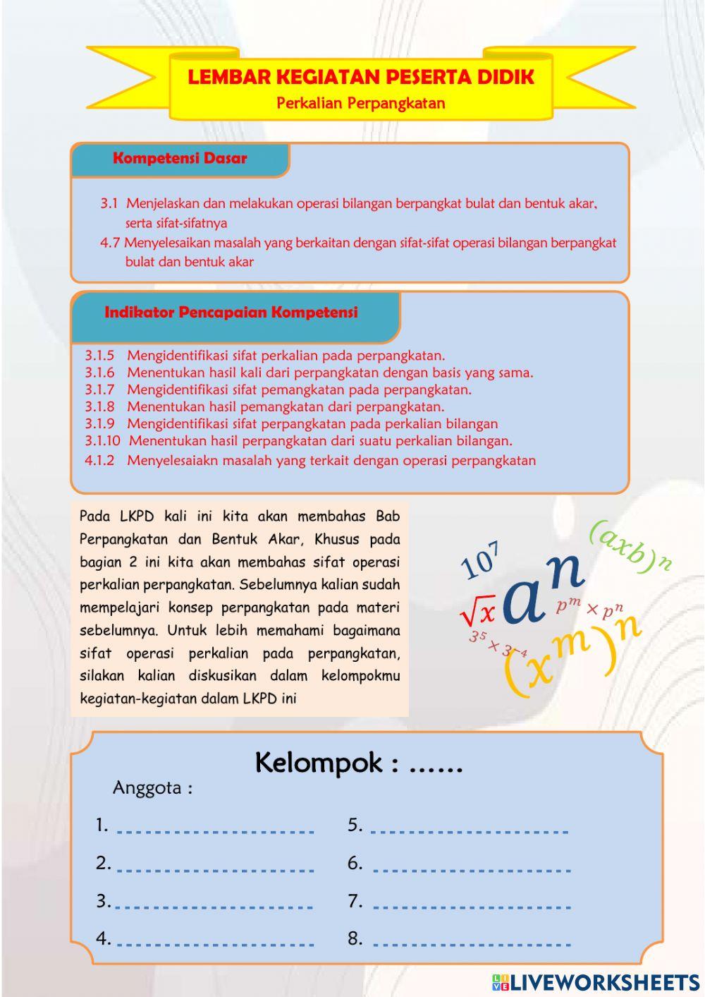 LKPD 2 Operasi Perpangkatan (Sifat Perkalian) online exercise for ...