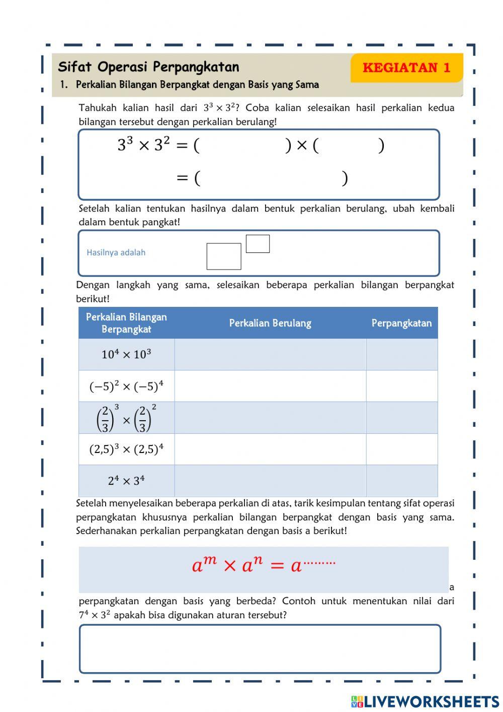 LKPD 2 Operasi Perpangkatan (Sifat Perkalian) online exercise for ...