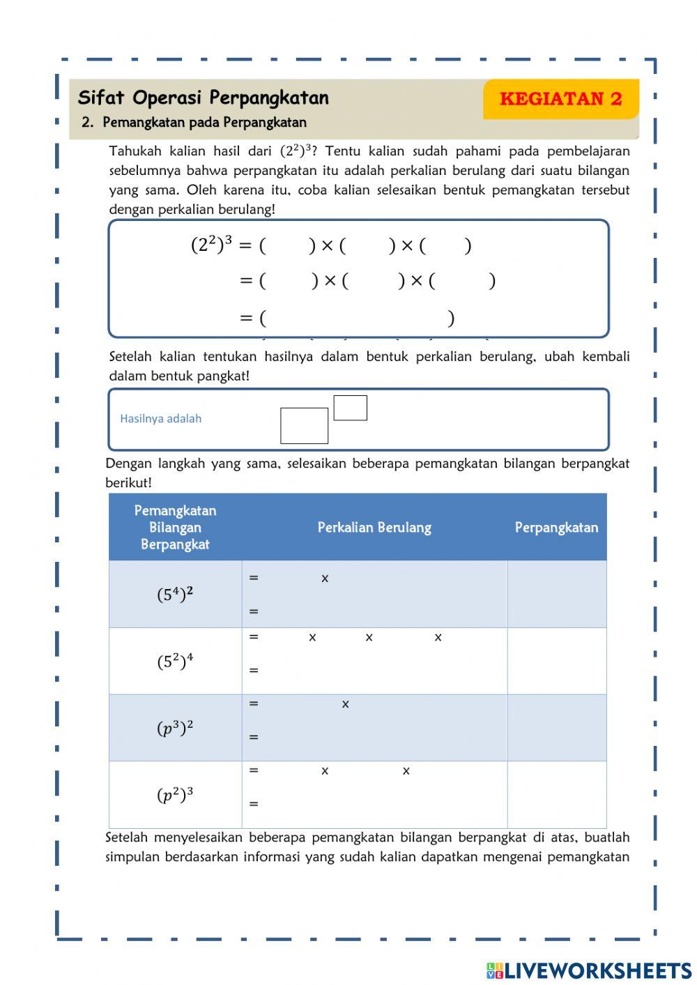 LKPD 2 Operasi Perpangkatan (Sifat Perkalian) online exercise for ...