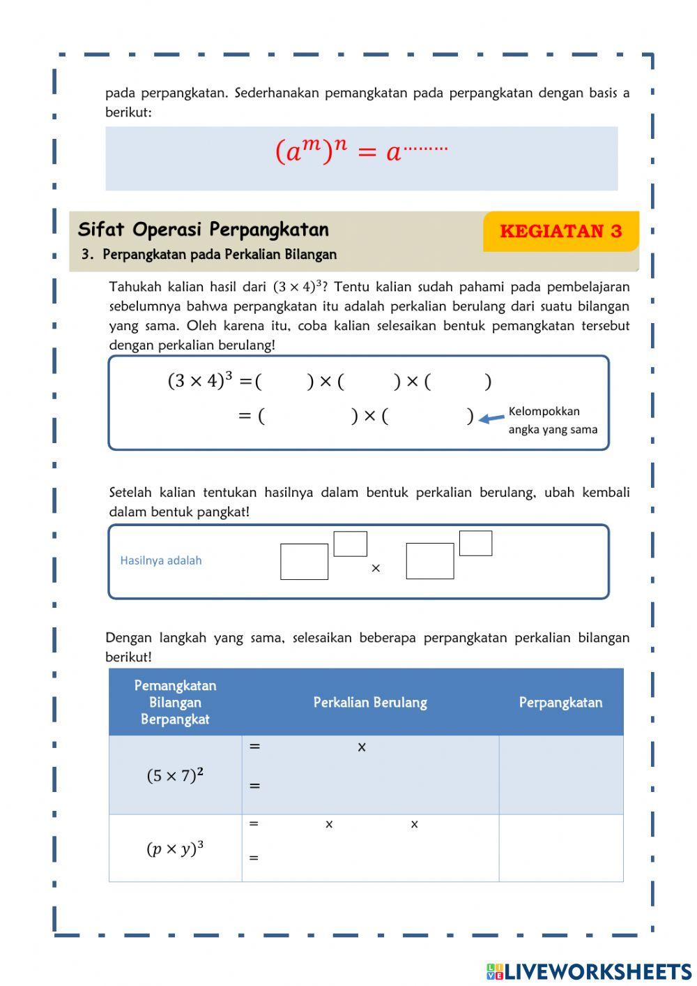 LKPD 2 Operasi Perpangkatan (Sifat Perkalian) online exercise for ...