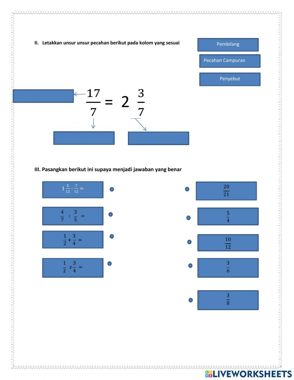 Pecahan | Free Interactive Worksheets | 1215264