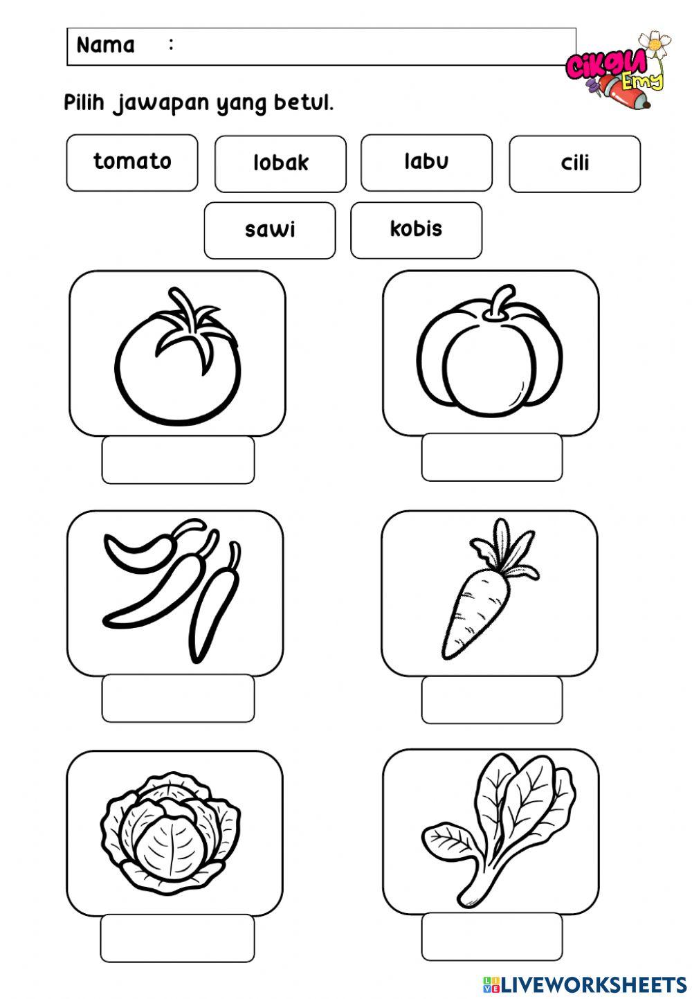 Sayur-sayuran interactive exercise for prasekolah | Live Worksheets