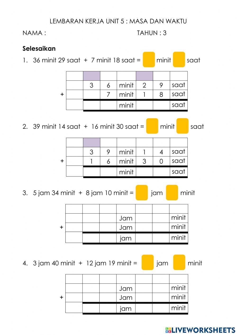 Masa Dan Waktu online exercise for Tahun 3 | Live Worksheets