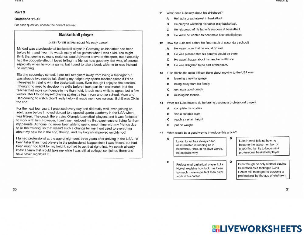 PET 1 - 2020 - Reading - Test 02 online exercise for | Live Worksheets