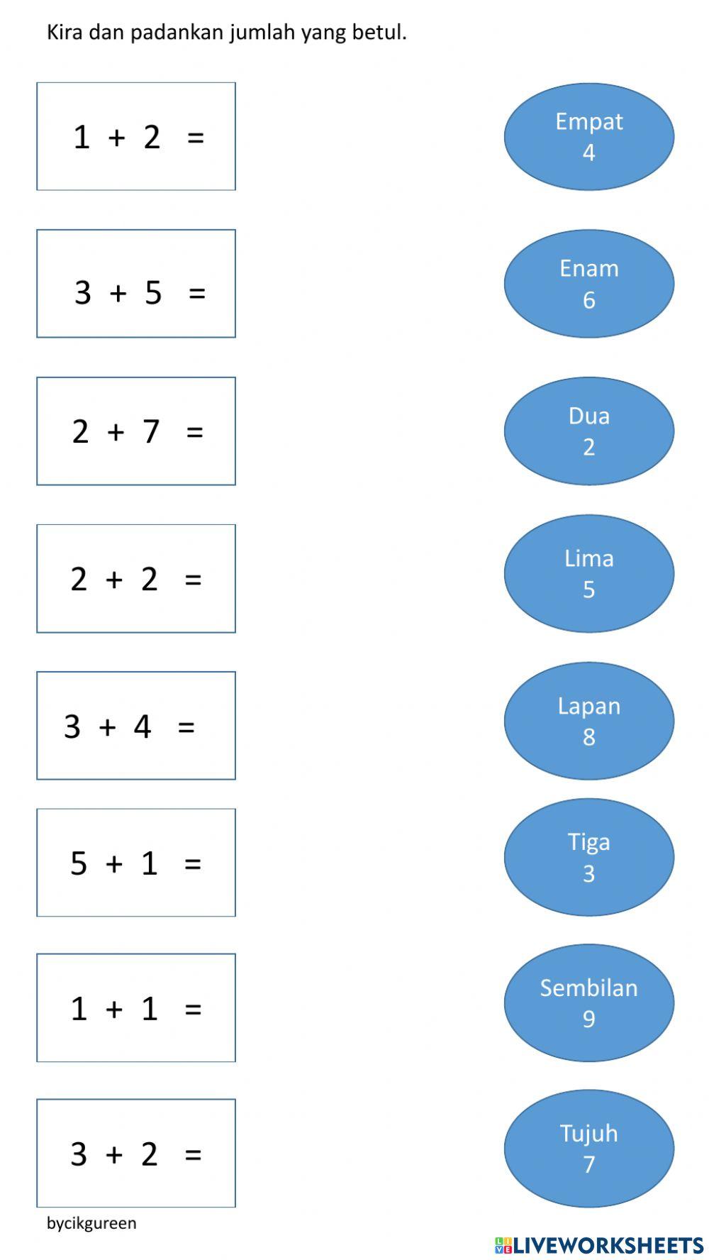 Kira dan padankan jumlah yang betul interactive worksheet | Live Worksheets