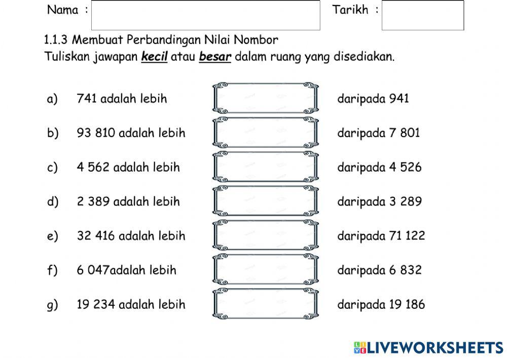 1.1.3 Membuat Perbandingan Nombor interactive worksheet | Live Worksheets