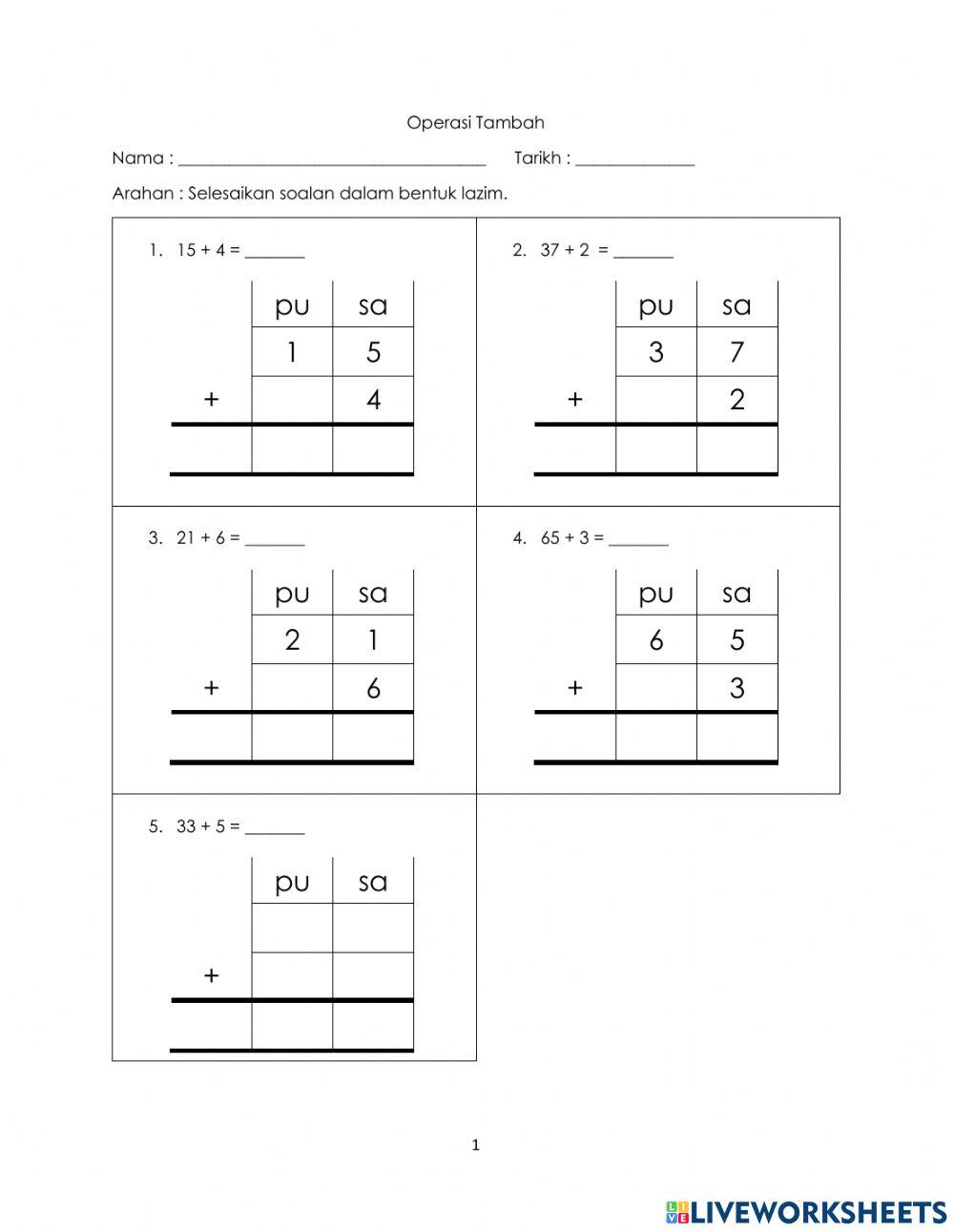 Operasi tambah interactive exercise for 3 | Live Worksheets