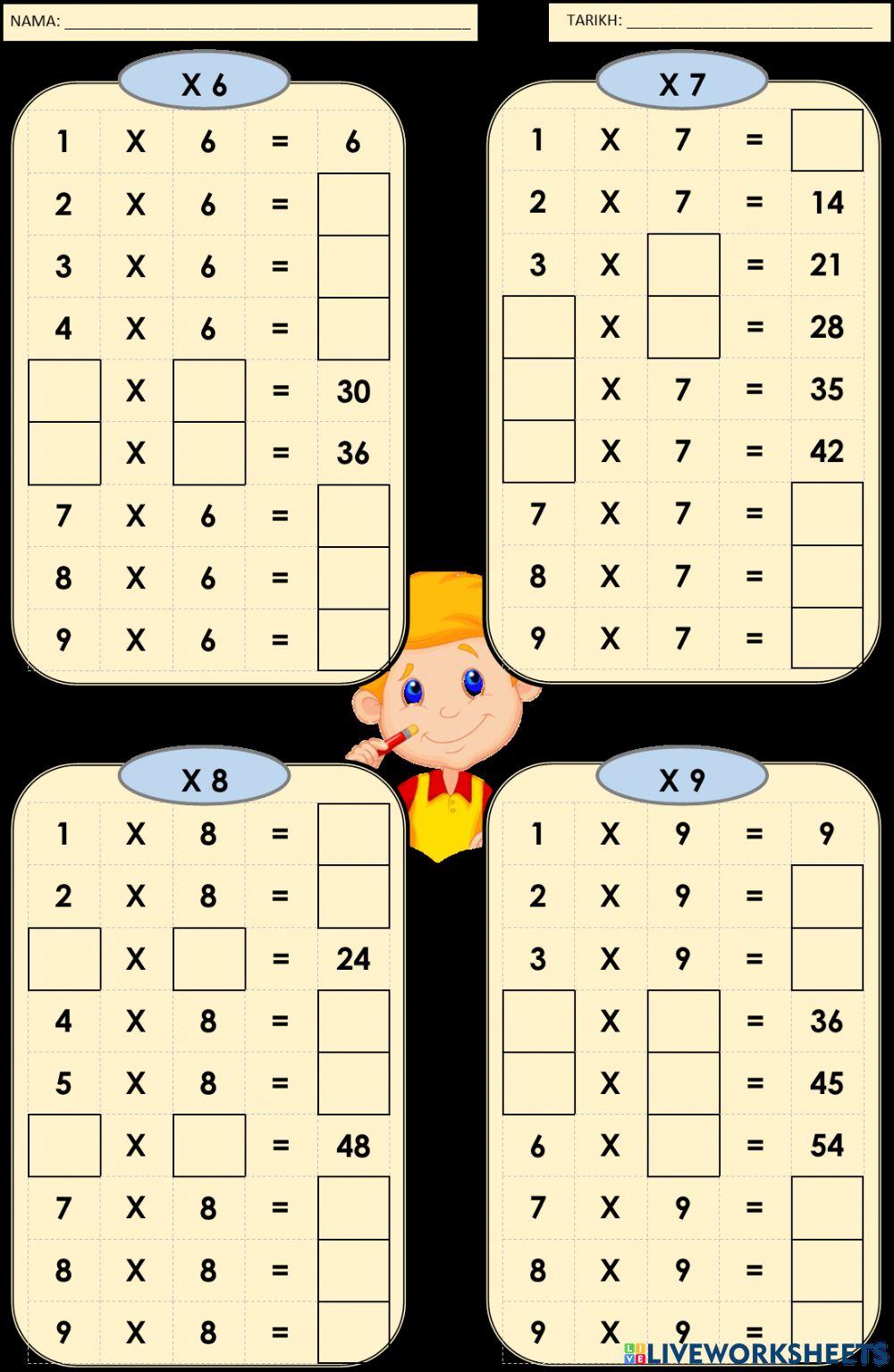 Sifir darab 6,7… | Free Interactive Worksheets | 1143012