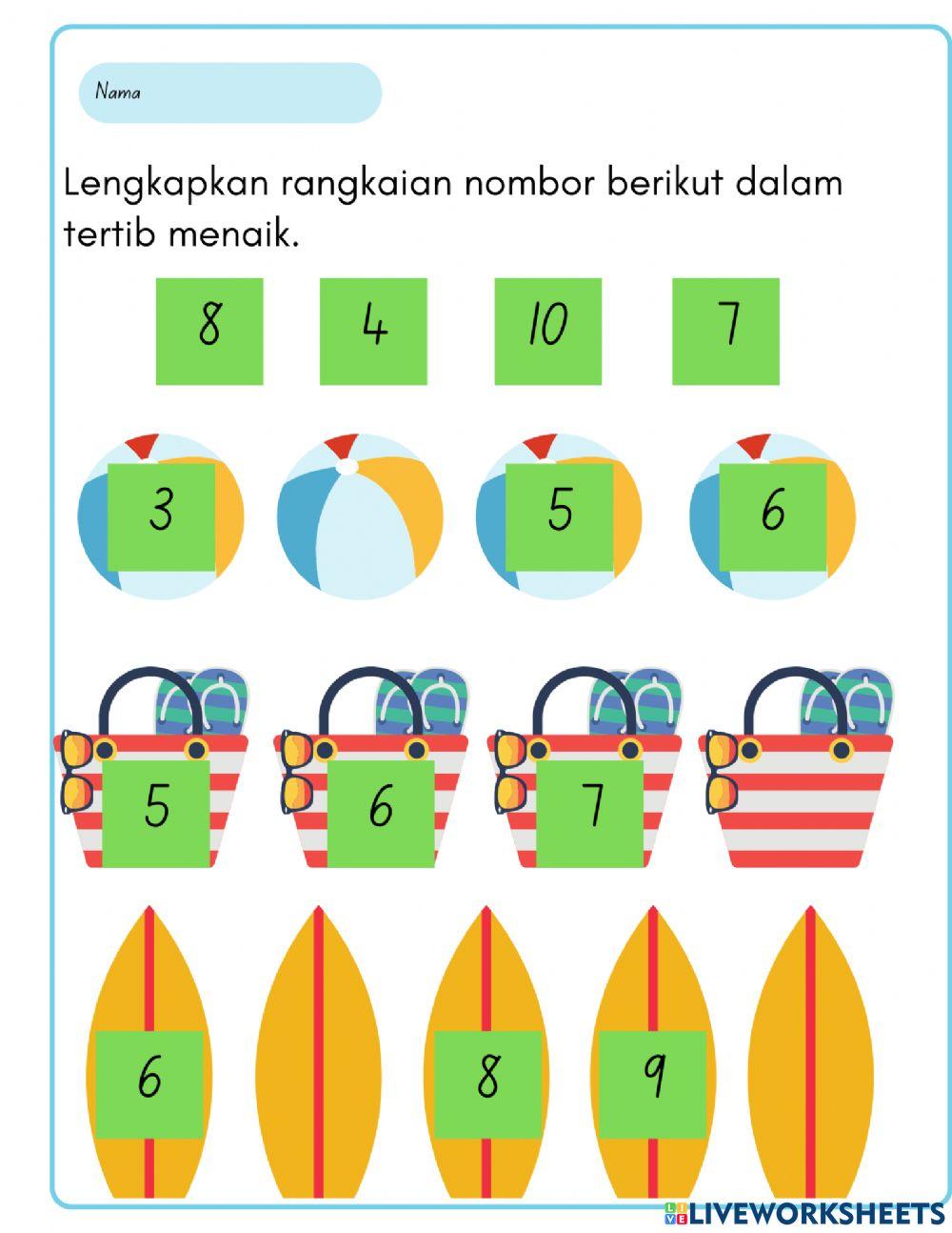 Lengkapkan rangkaian nombor menaik worksheet | Live Worksheets