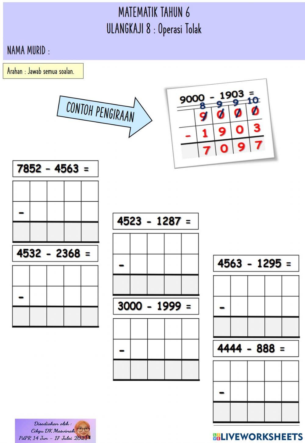 Ulangkaji tolak worksheet | Live Worksheets