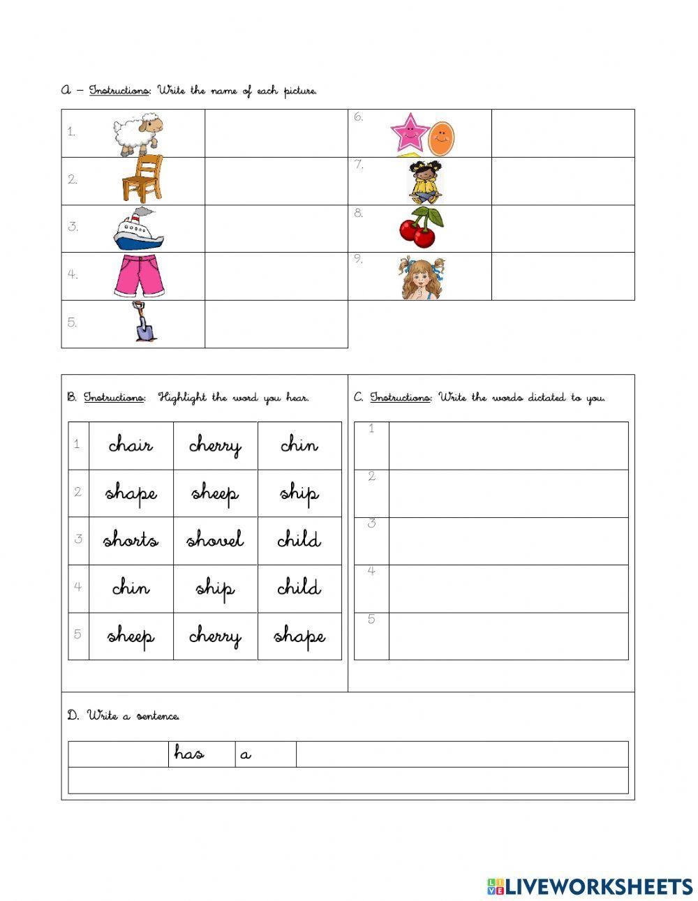 Lesson 10: words with ch and sh exercises worksheet | Live Worksheets