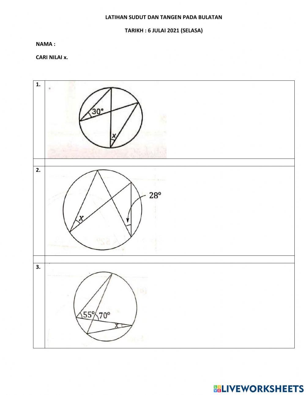 Sudut dan tangen bagi bulatan interactive worksheet | Live Worksheets
