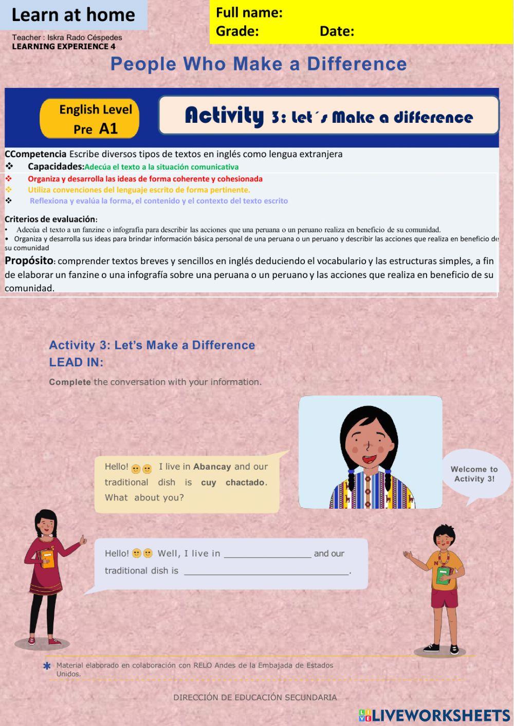 People who make a difference activity 3 week17 A1 irc worksheet | Live ...