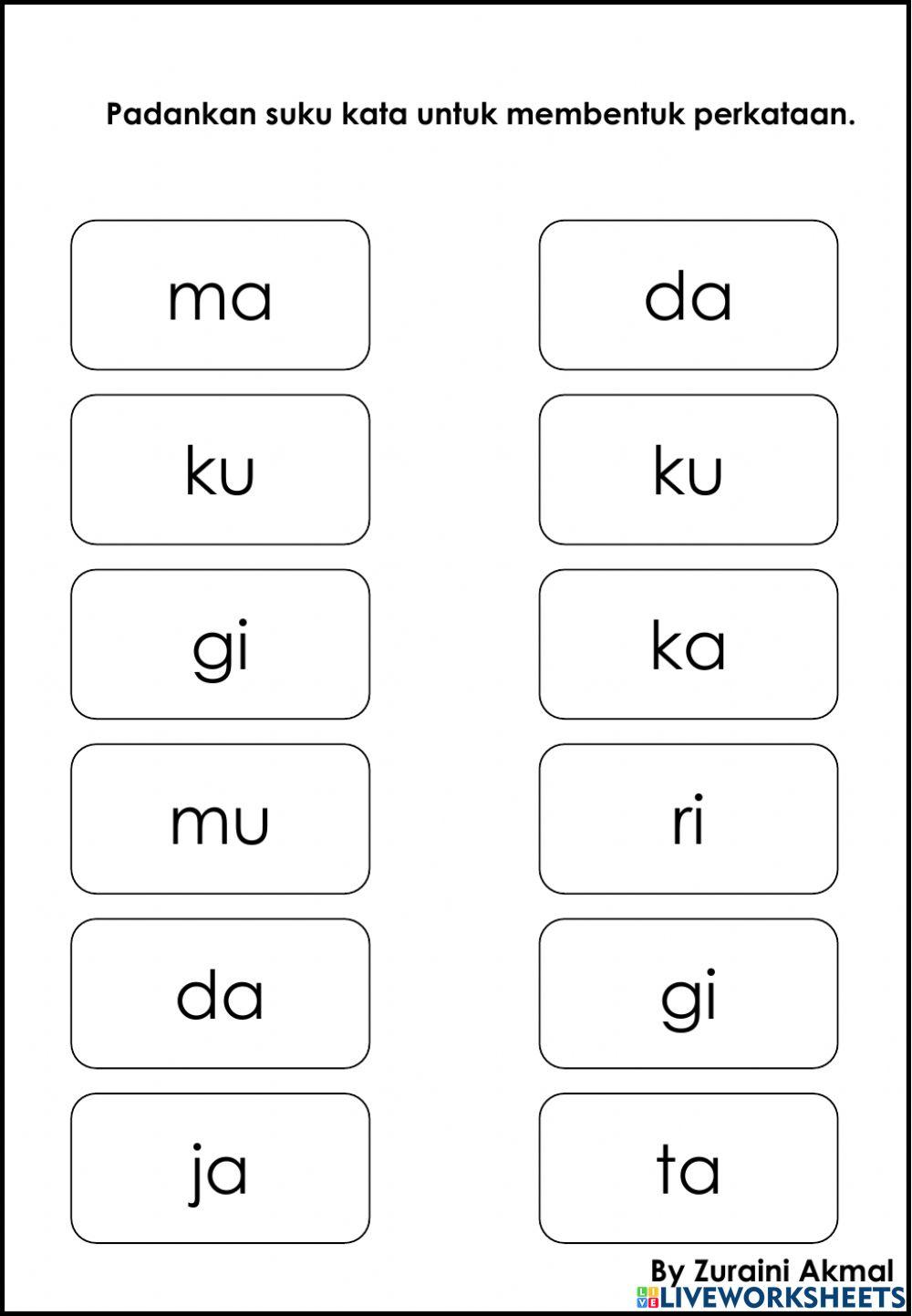 Padankan suku kata terbuka KVKV 1 worksheet | Live Worksheets