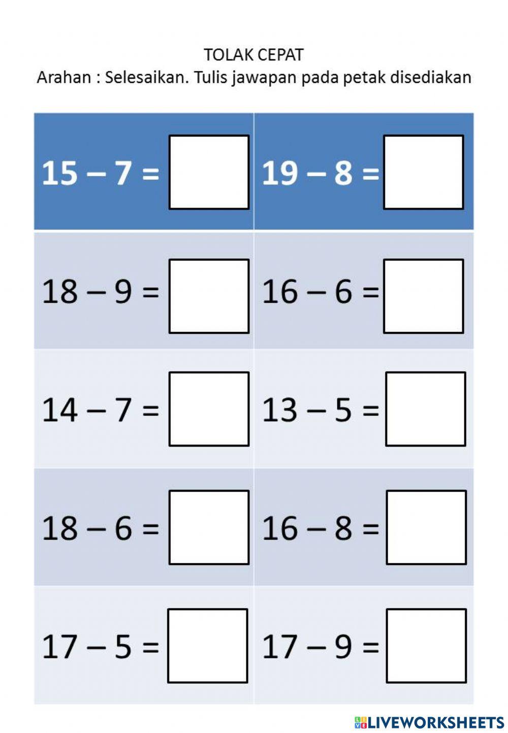 Tolak cepat 2 | Free Interactive Worksheets | 1144326