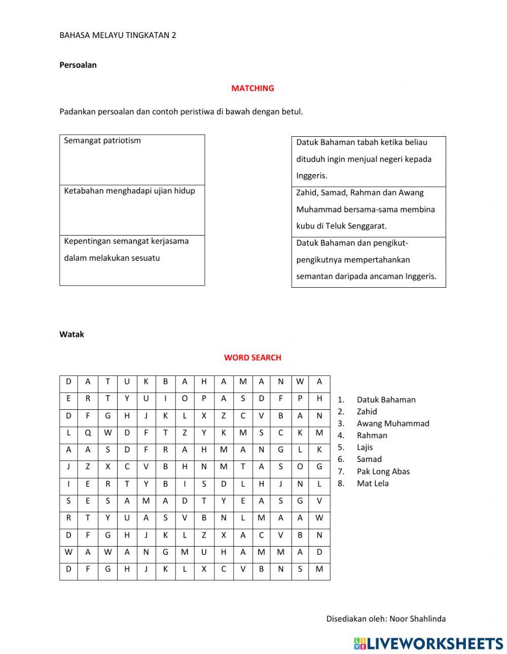 NOVEL DARAH TITIK DI SEMANTAN T2 online exercise for | Live Worksheets