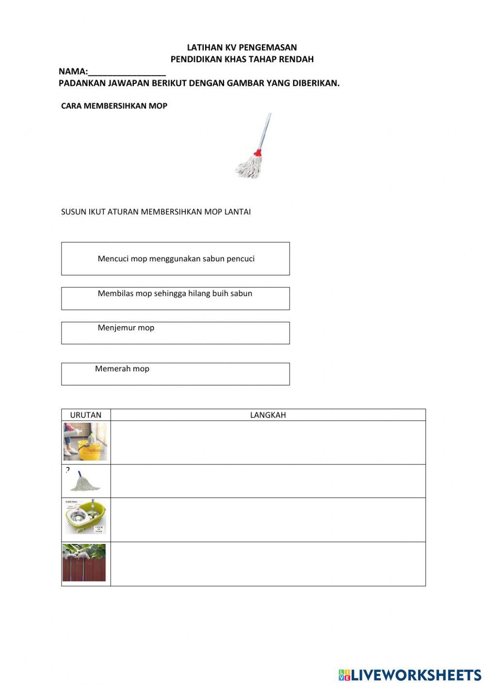 Cara membersihkan Mop worksheet | Live Worksheets