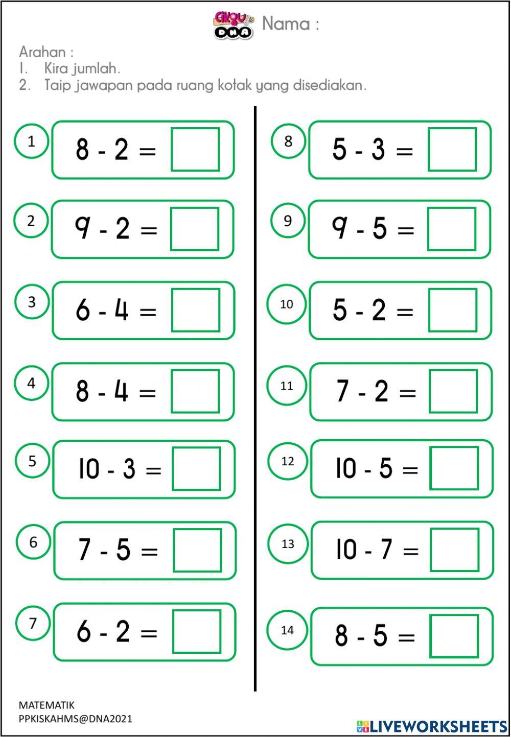 Operasi Tolak interactive activity for PENDIDIKAN KHAS | Live Worksheets