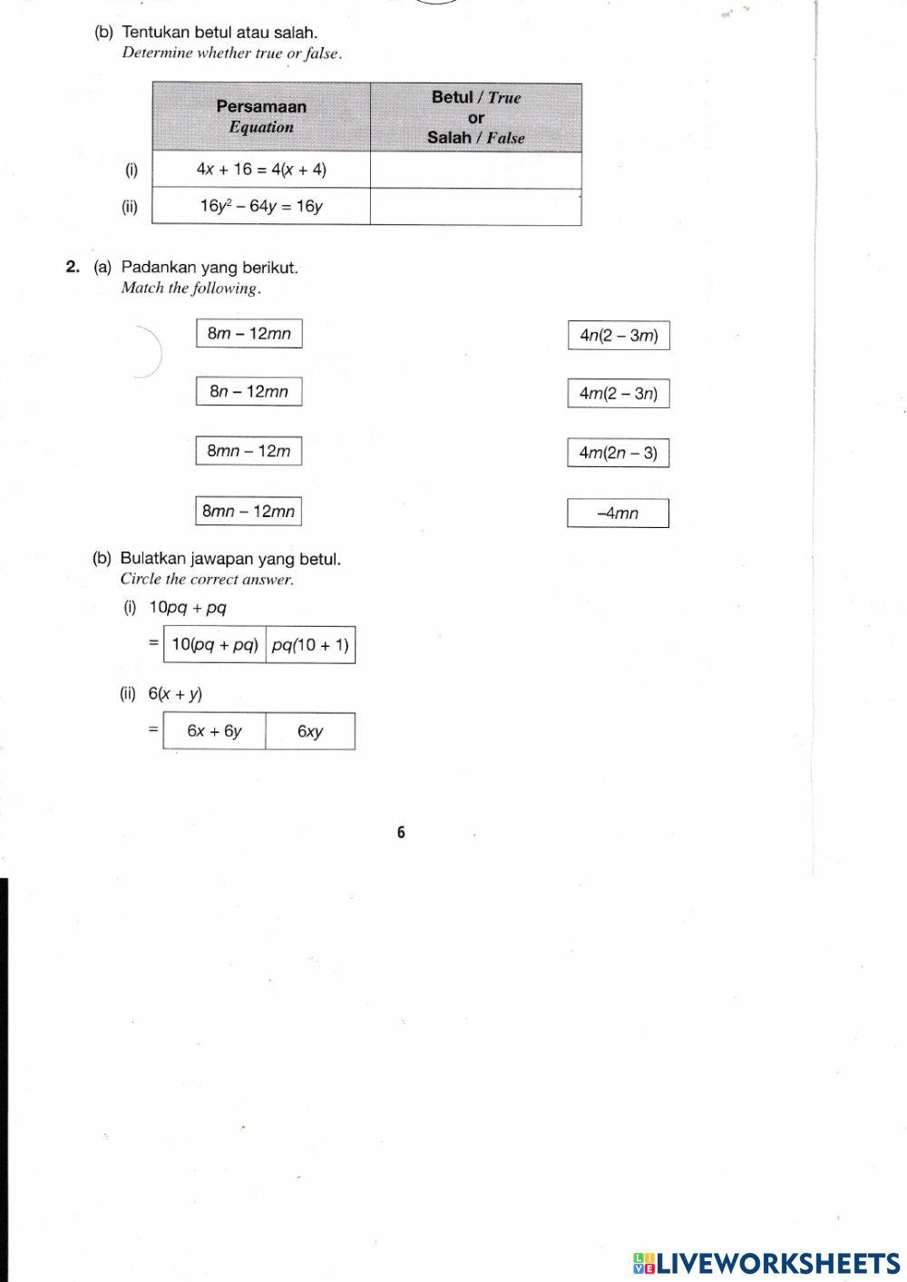 LATIHAN: PEMFAKTORAN DAN PECAHAN ALGEBRA TINGKATAN 2 online exercise ...