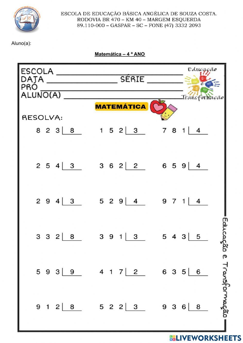 Matemática 4º Ano - Divisão com Sobra ou Resto worksheet | Live Worksheets