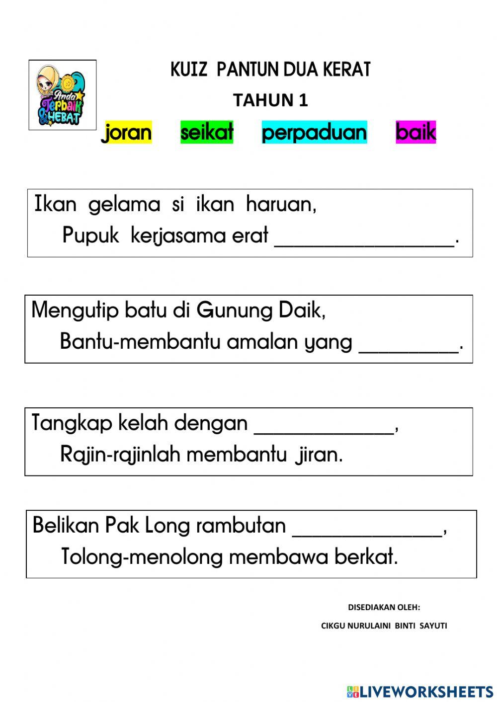 BAHASA MELAYU TAHUN 1 KUIZ PANTUN DUA KERAT 3154376