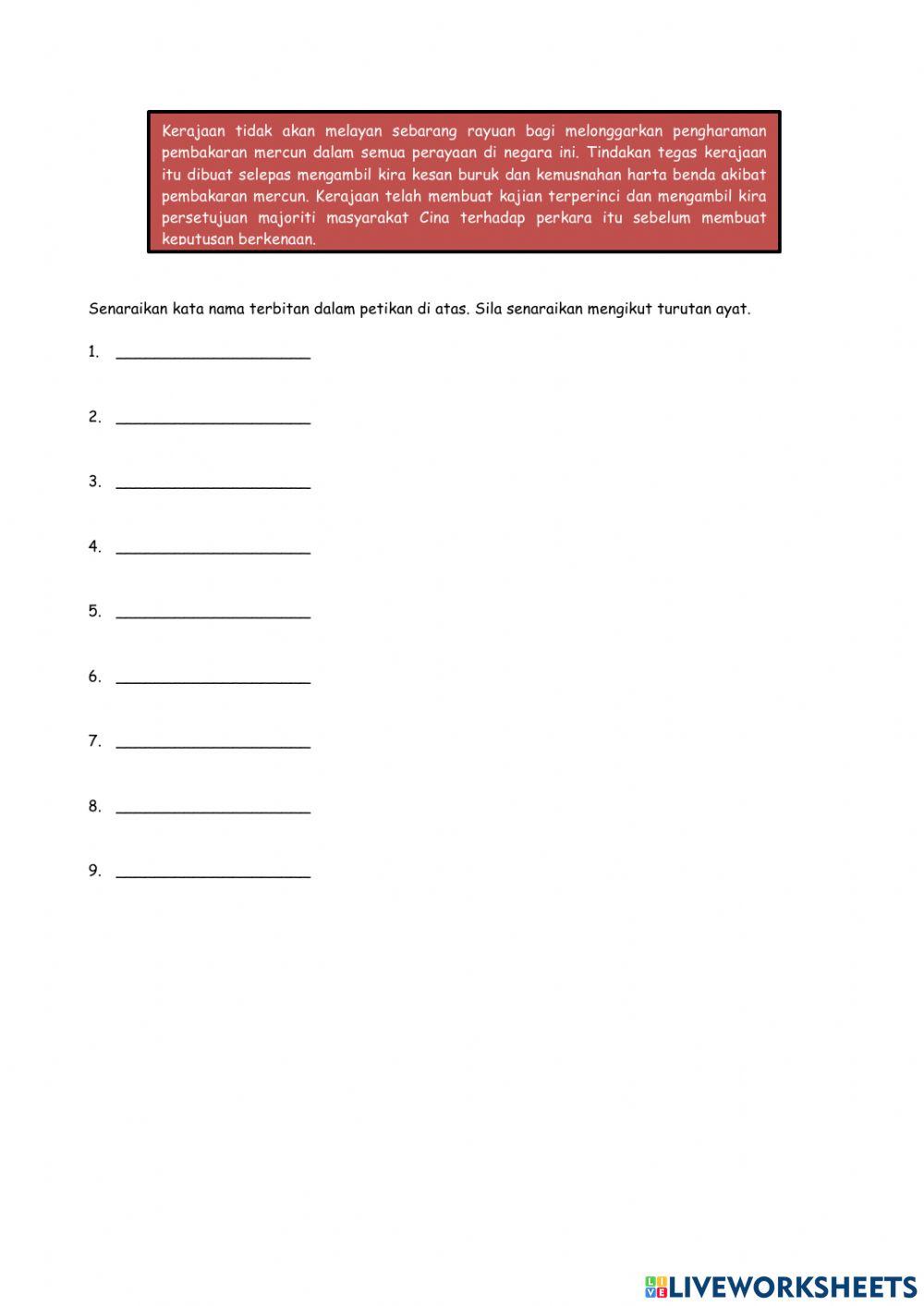 Kata Nama Terbitan worksheet | Live Worksheets