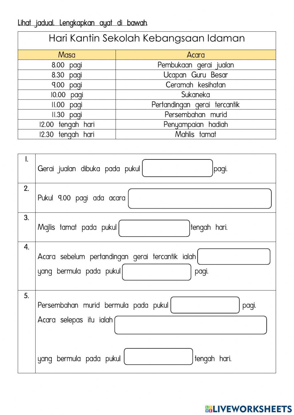 Jadual masa worksheet | Live Worksheets
