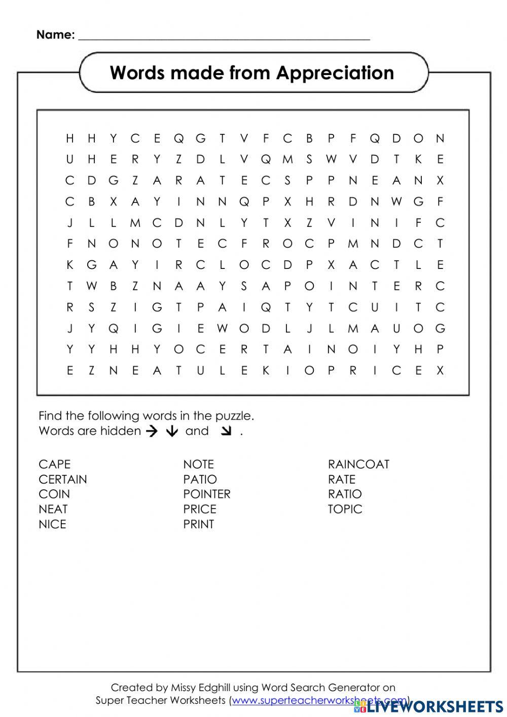 Words made from appreciation exercise | Live Worksheets