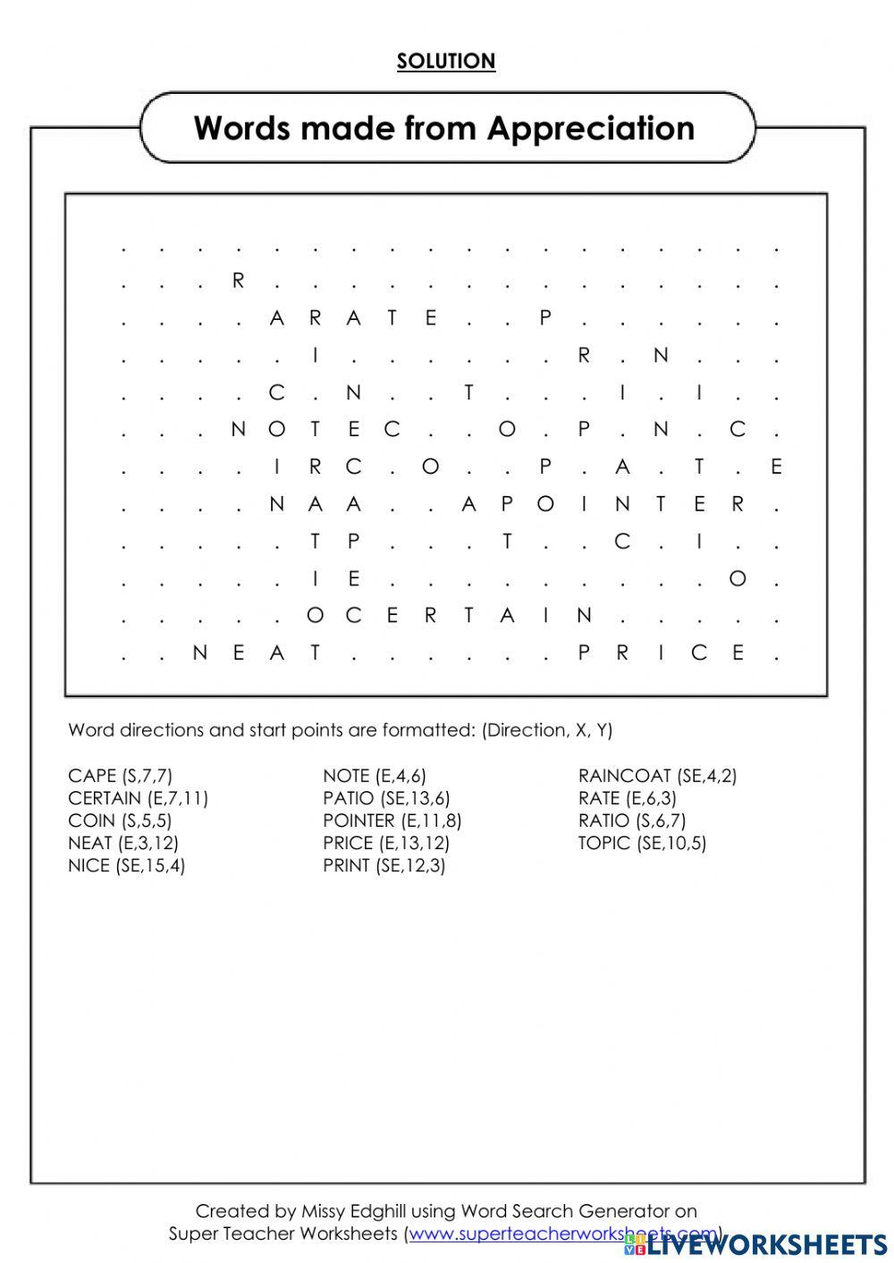 Words made from appreciation exercise | Live Worksheets