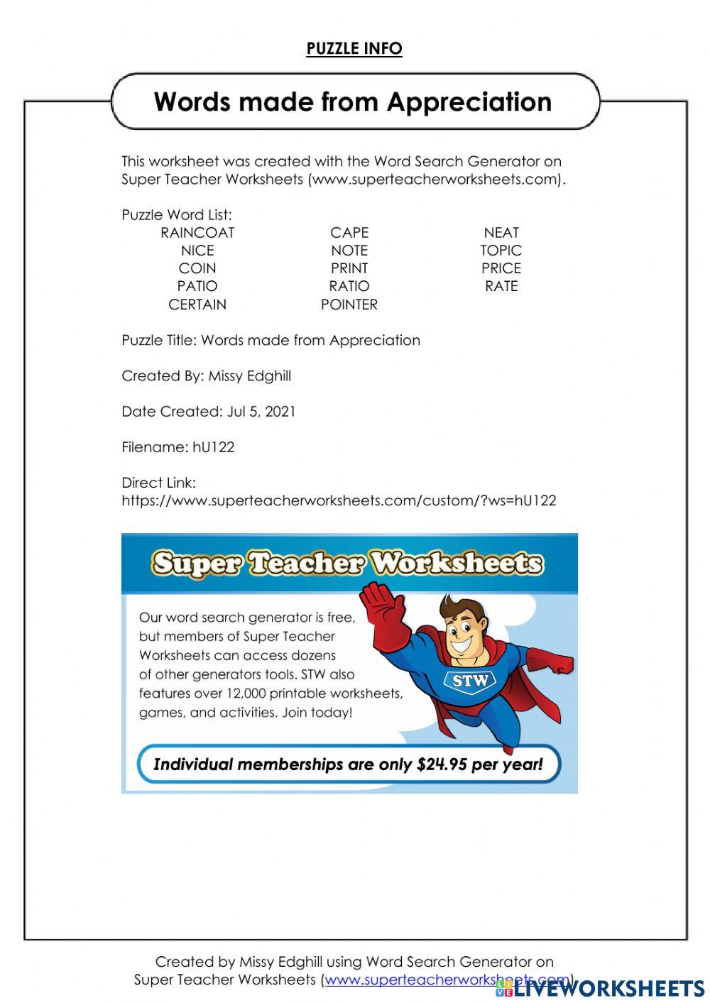 Words made from appreciation exercise | Live Worksheets