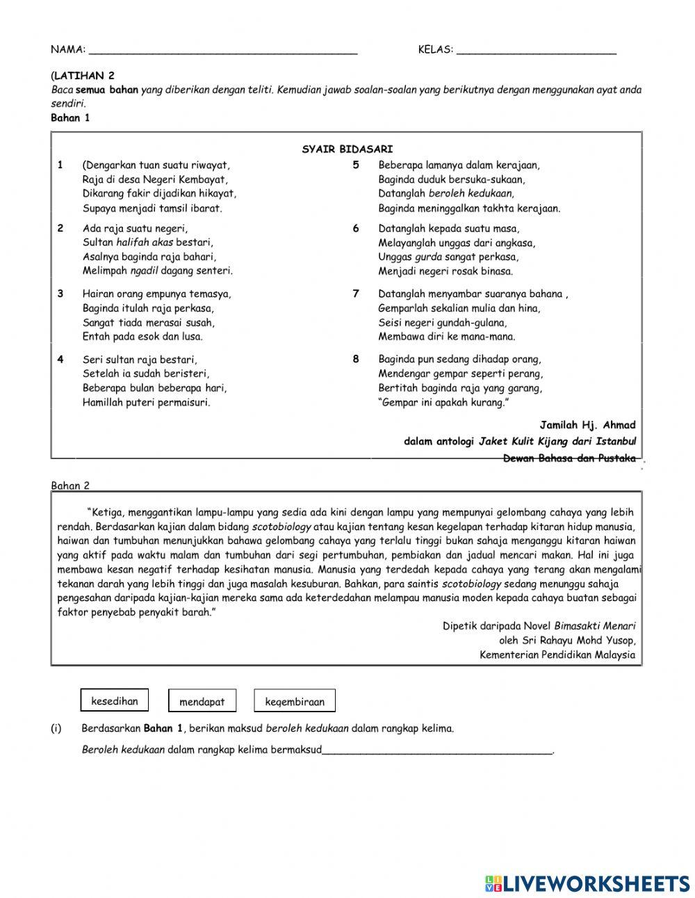 SOALAN PEMAHAMAN SYAIR BIDASARI online exercise for | Live Worksheets