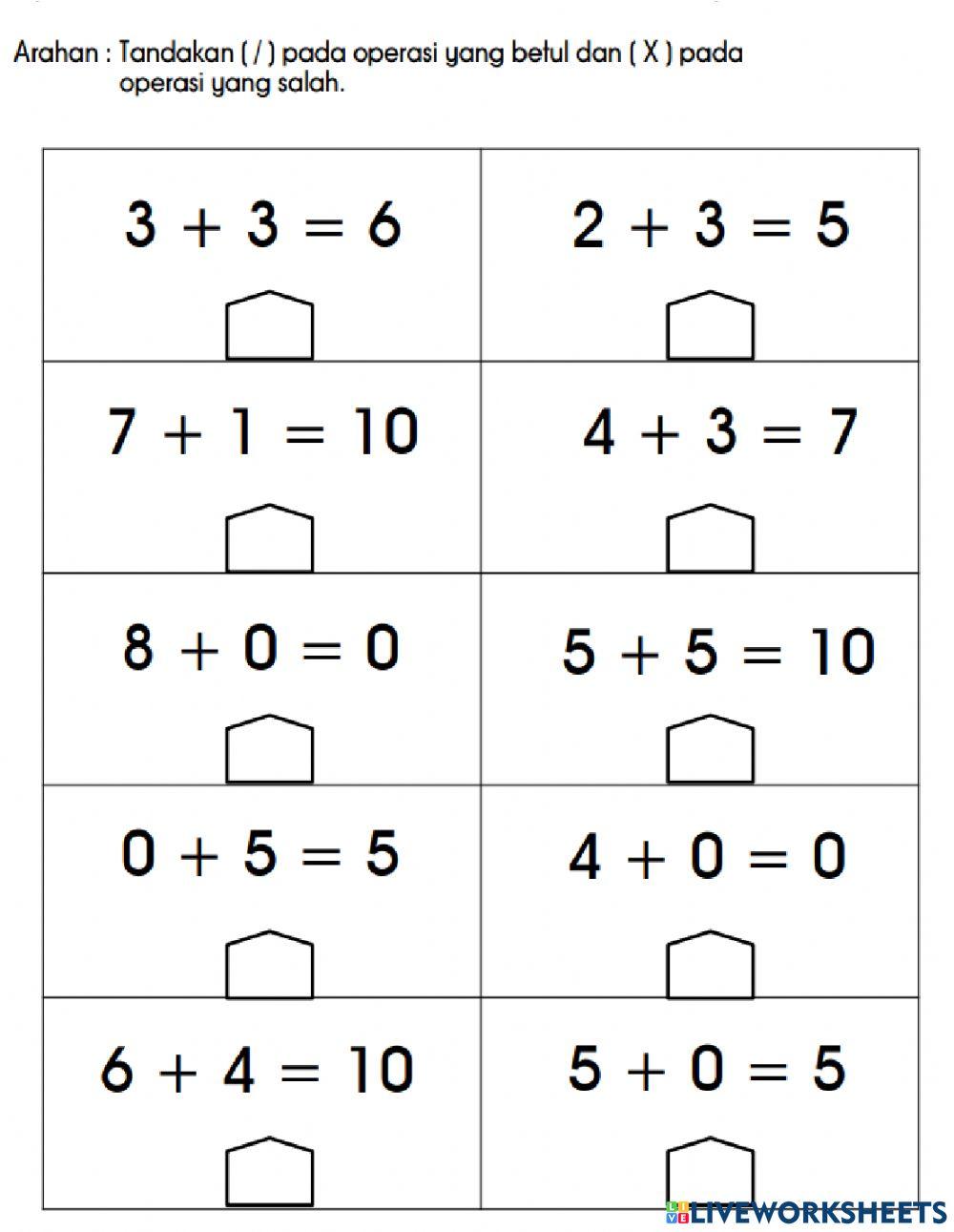 Operasi tambah online worksheet for PRASEKOLAH | Live Worksheets