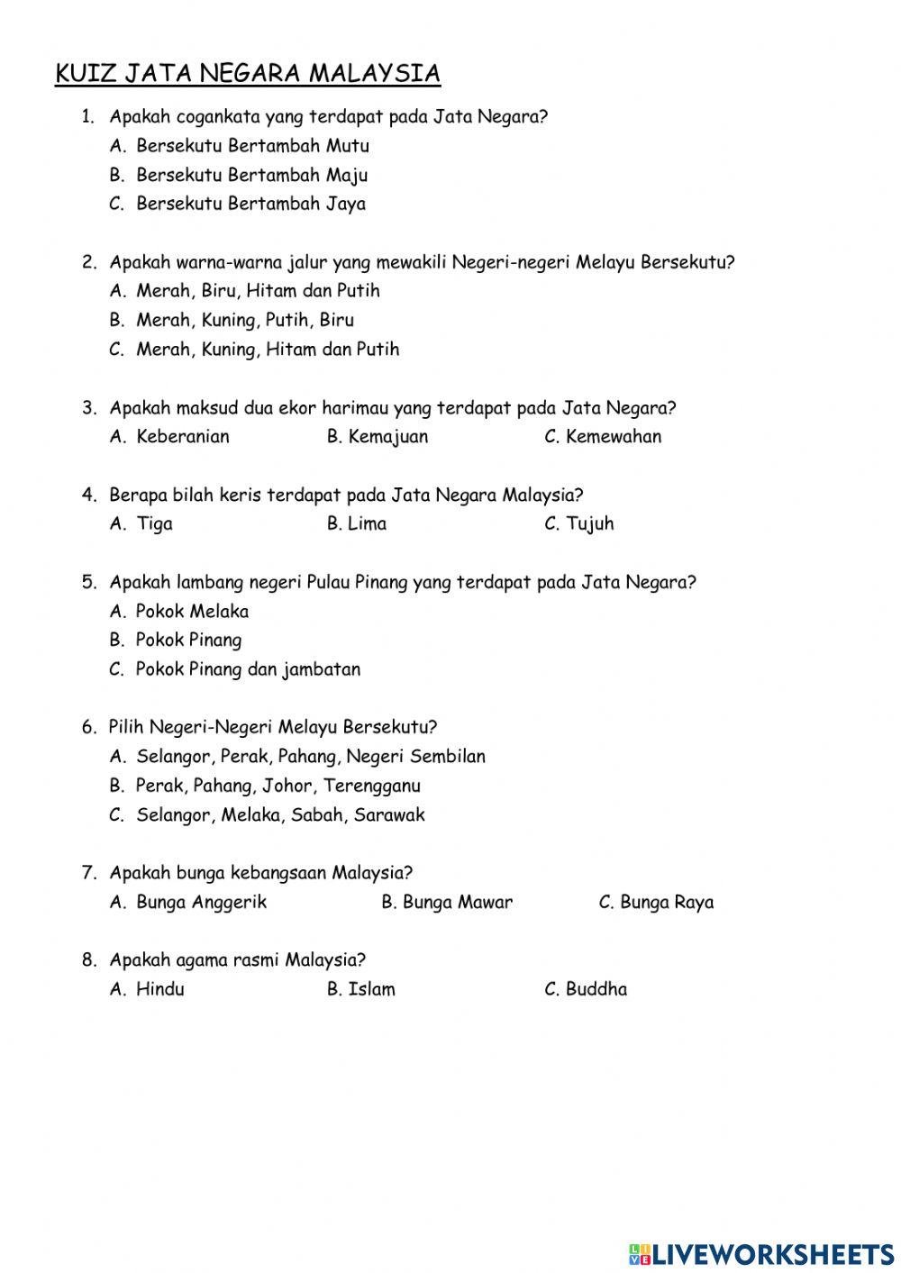 Kuiz Jata Negara Malaysia worksheet | Live Worksheets