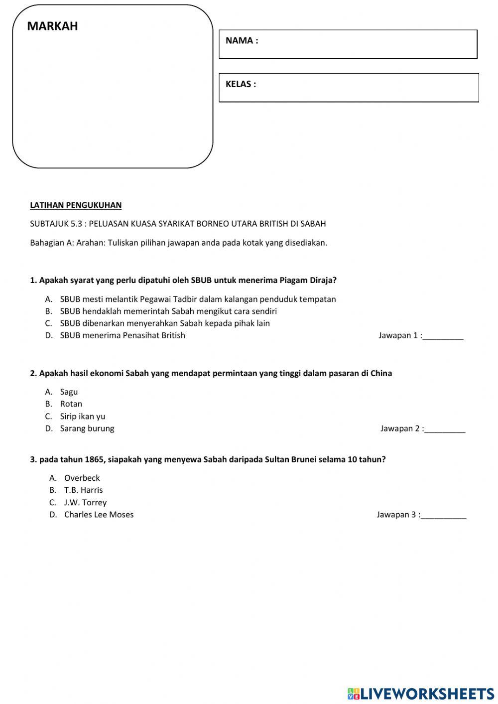 Subtajuk 5.3 : peluasan kuasa SBUB di Sabah worksheet | Live Worksheets