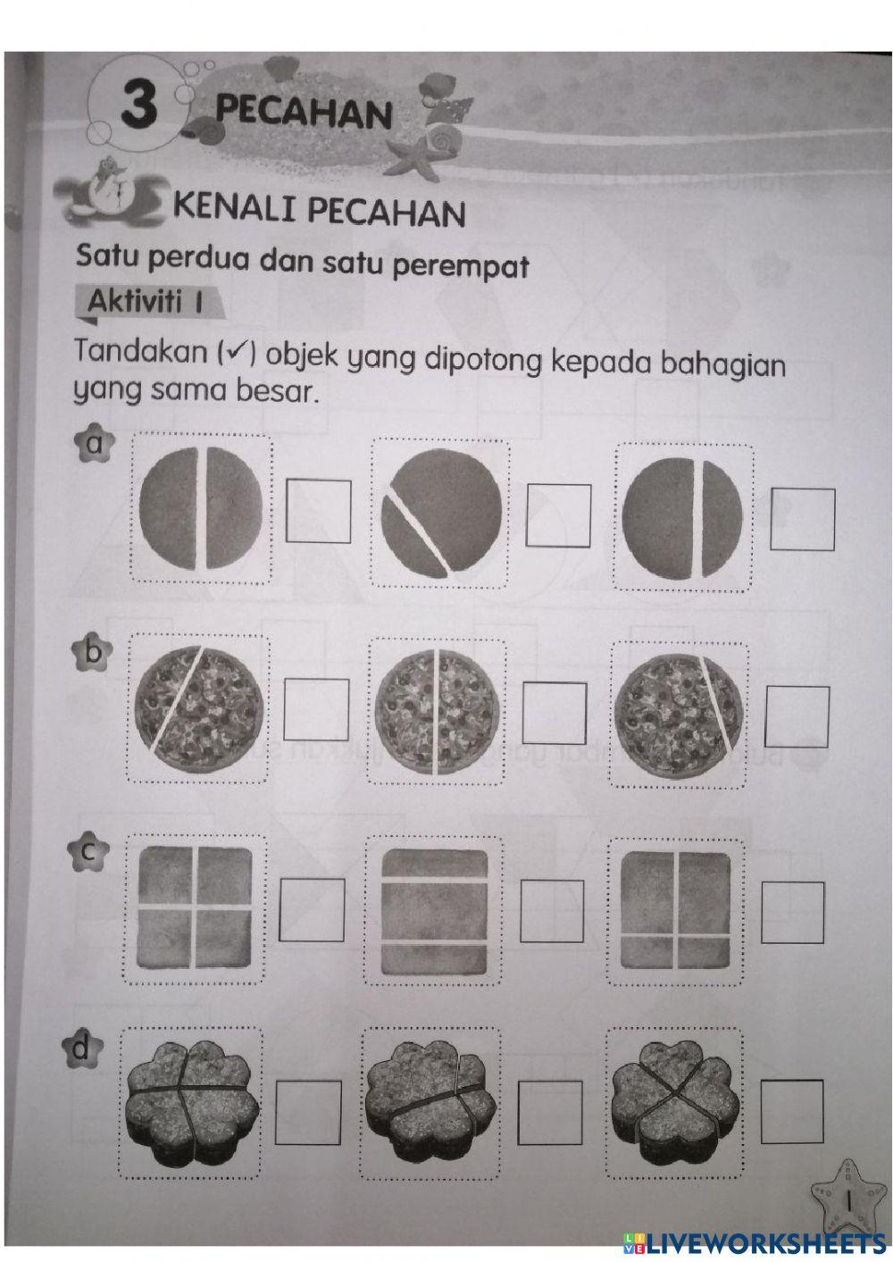 Kenali Pecahan Matematik Tahun 1 worksheet | Live Worksheets