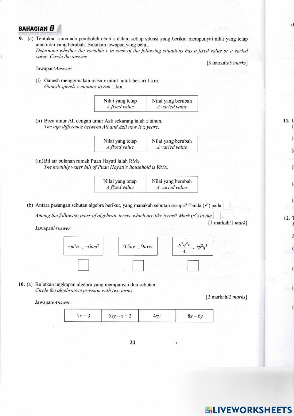 Chapter 5 : Algebraic expressions online exercise for | Live Worksheets