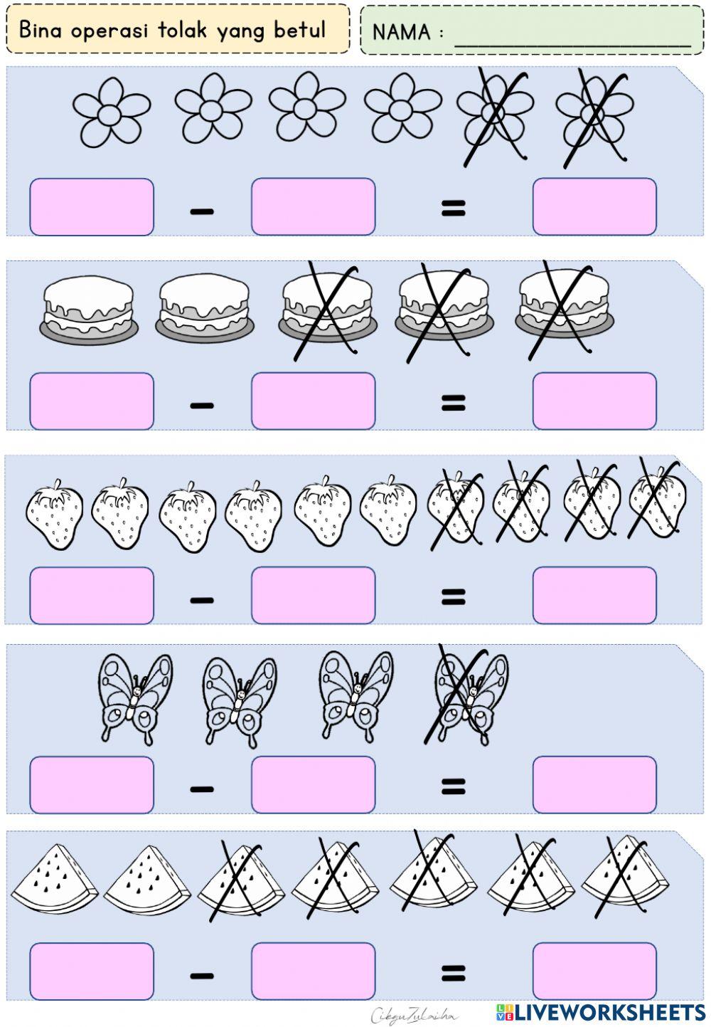 Operasi Tolak Matematik Awal worksheet | Live Worksheets