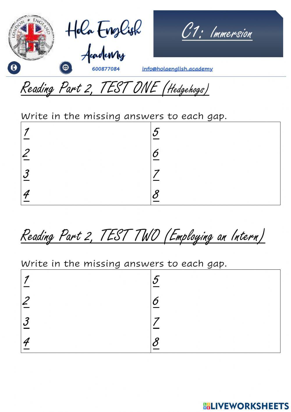 C1 Reading & UOE Part 2 worksheet | Live Worksheets