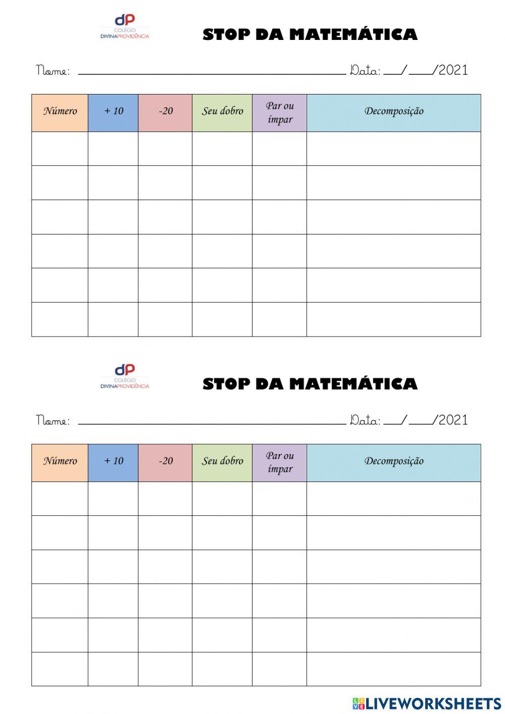 Stop da matemática worksheet | Live Worksheets