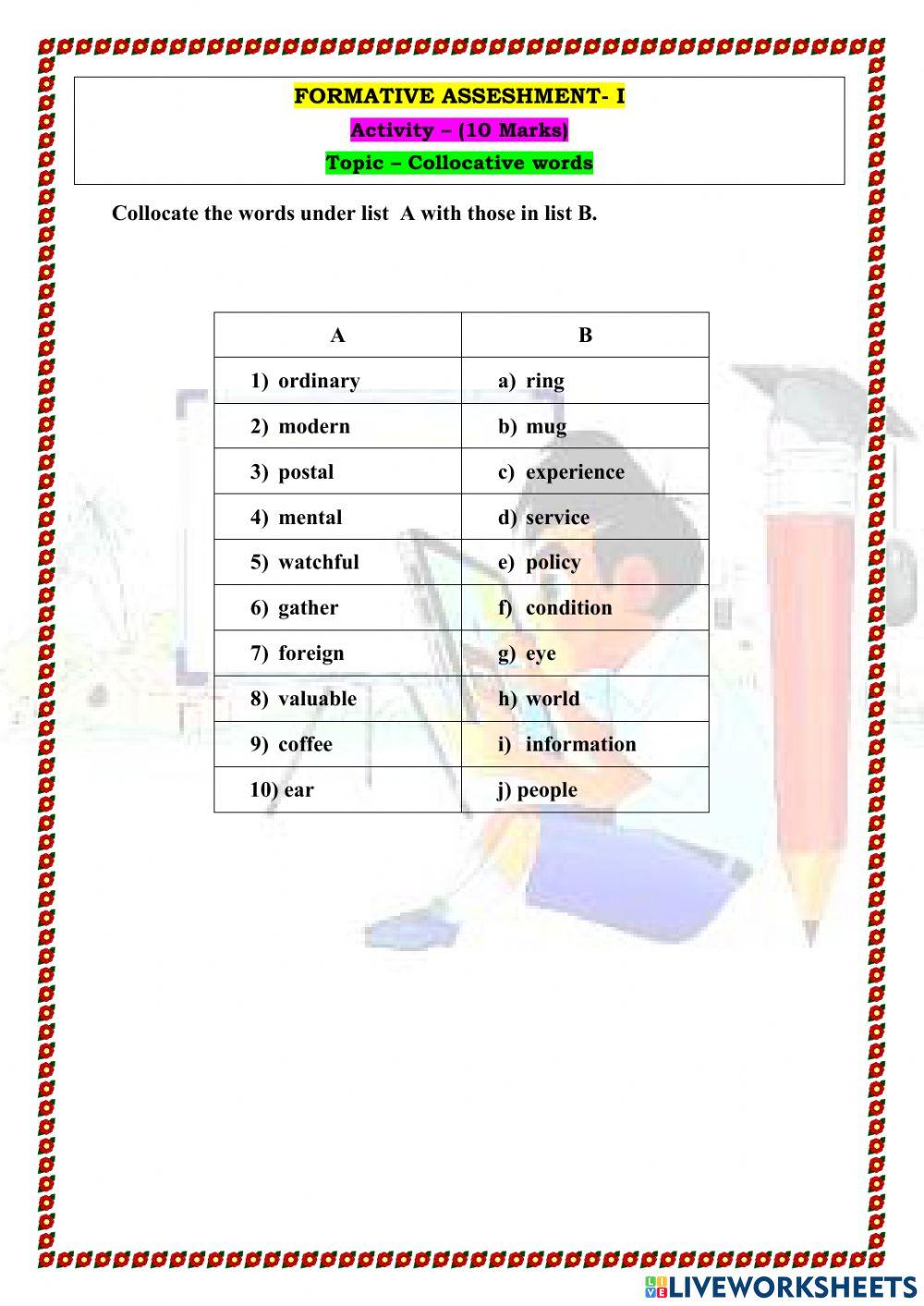Collocative words interactive worksheet | Live Worksheets