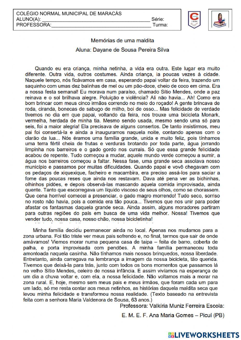 Relato de memorias worksheet | Live Worksheets