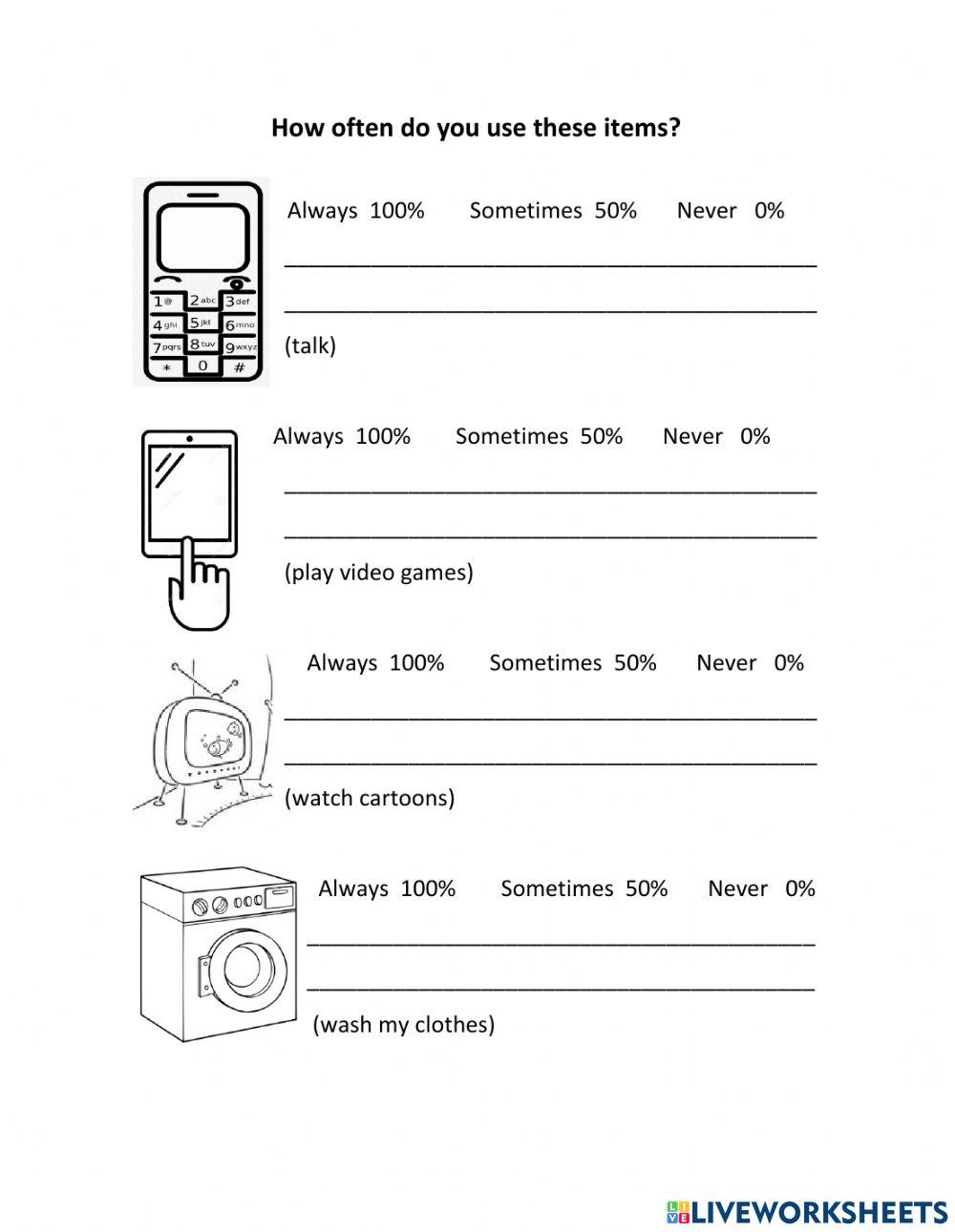 How often do you use these items? worksheet | Live Worksheets