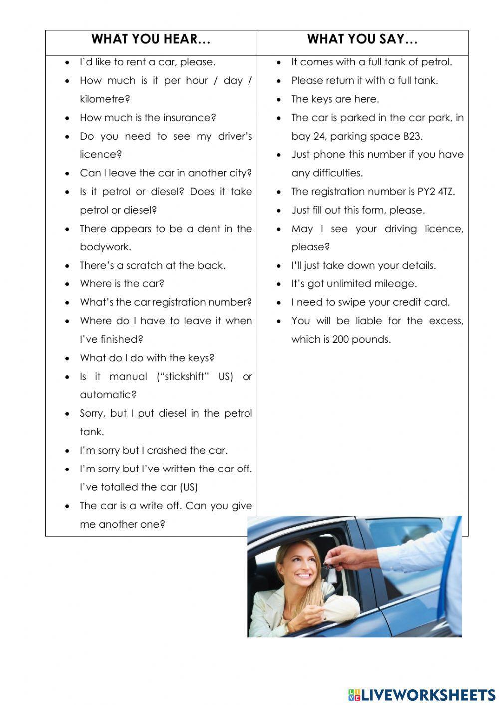 1150789 | Renting a car | MissPaulaB | LiveWorksheets