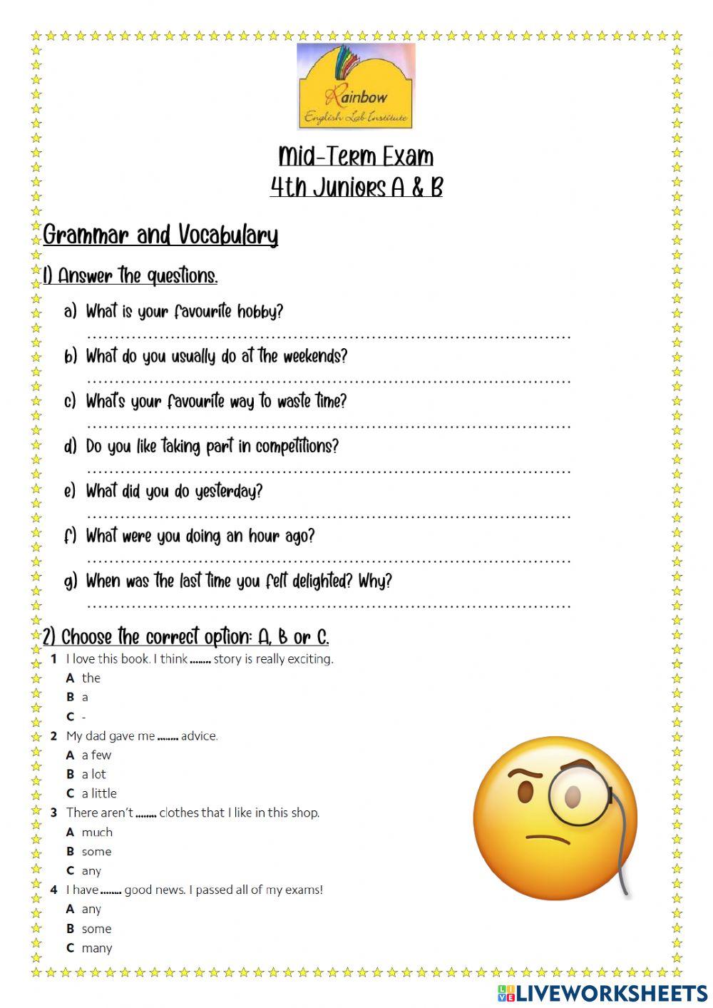 Mid term 4th jrs - grammar and voc. worksheet | Live Worksheets