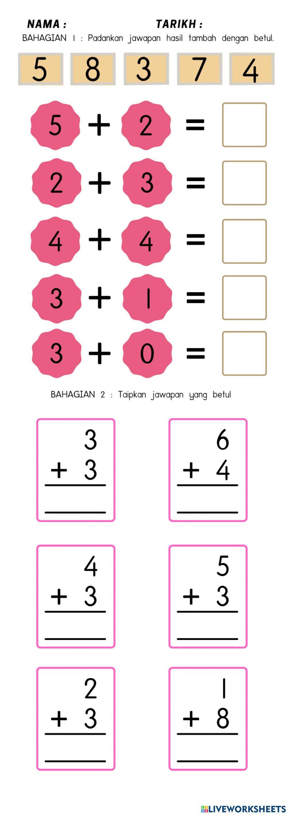 Operasi Tambah online exercise for Prasekolah | Live Worksheets