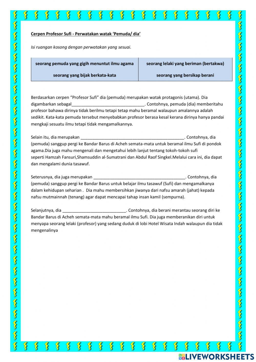 Perwatakan watak pemuda-cerpen Profesor Sufi online exercise for | Live ...