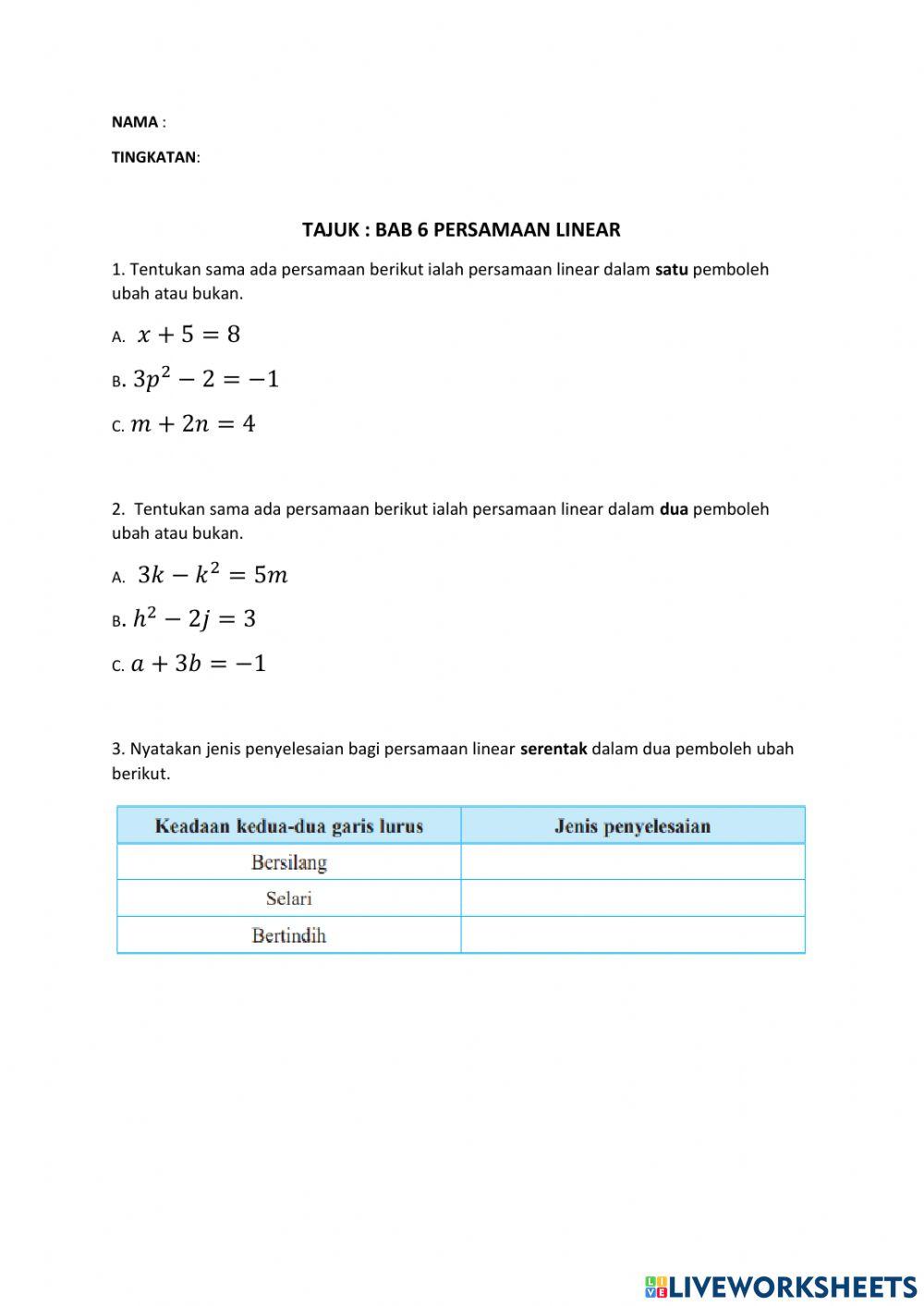 Bab 6 persamaan linear activity | Live Worksheets