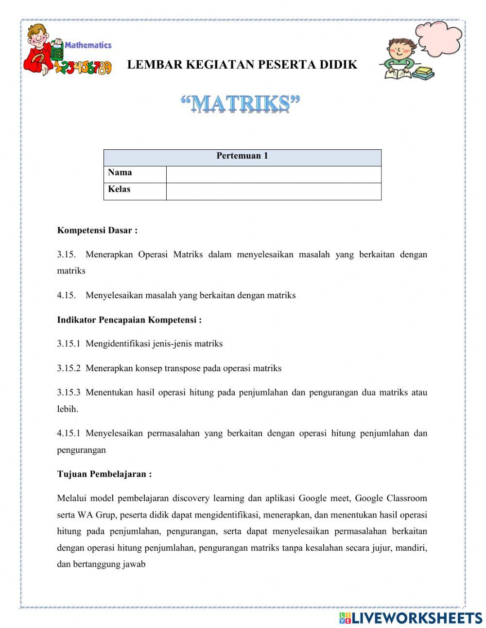 LKPD Matriks | Live Worksheets