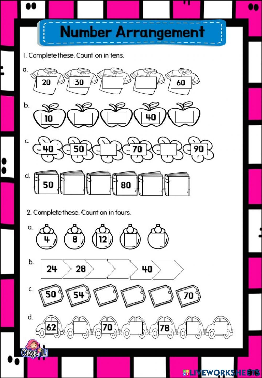 Number Arrangement : Count in tens and fours worksheet | Live Worksheets
